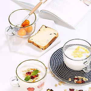 KKGUD Set of 2 Glass Teacups with Gold Rim, Oatmeal Cups, Yogurt Bowls with Spoons (Simple Design, 16oz)