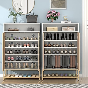 Gyfimoie Shoe Organizer with Doors, Shoe Storage Cabinet with Adjustable Shelves for Entryway, 7-Tier Entryway Shoe Rack Storage for Hallway, Closet, Living Room (White)