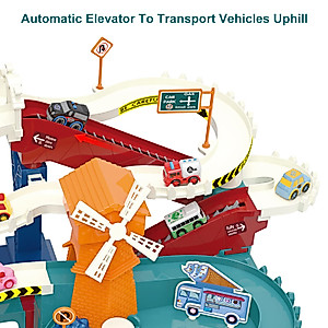 Likrolwe Boys Race Track Sets, Toy Car Ramp Track Climbing Hills Adventure Toy Vehicle Playsets with 4 Mini Cars and Garage, Race Track for Boys Age 4-7