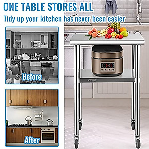 VEVOR Stainless Steel Prep Table, 24 x 24 x 36 Inch, 600lbs Load Capacity Heavy Duty Metal Worktable with Adjustable Undershelf & Universal Wheels, Commercial Workstation for Kitchen Garage Backyard