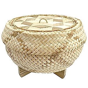 PANWA Handmade 100% Natural Thai Bamboo Sticky Rice “Electric Cooker Steamer Set”, Small Pot Insert ~ 6.5 Inch, Checkered Wicker Woven Lid, 16’’ Cheesecloth Filter, and Wooden Spoon