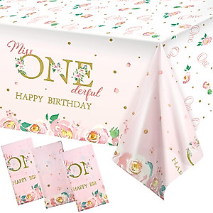 3 Pieces 1st Birthday Party Tablecloth Floral One First Birthday Table Cover Flower Disposable First Birthday Plastic Tablecloth for Kids Birthday Baby Shower Party Decoration Supplies, 54 x 108 Inch