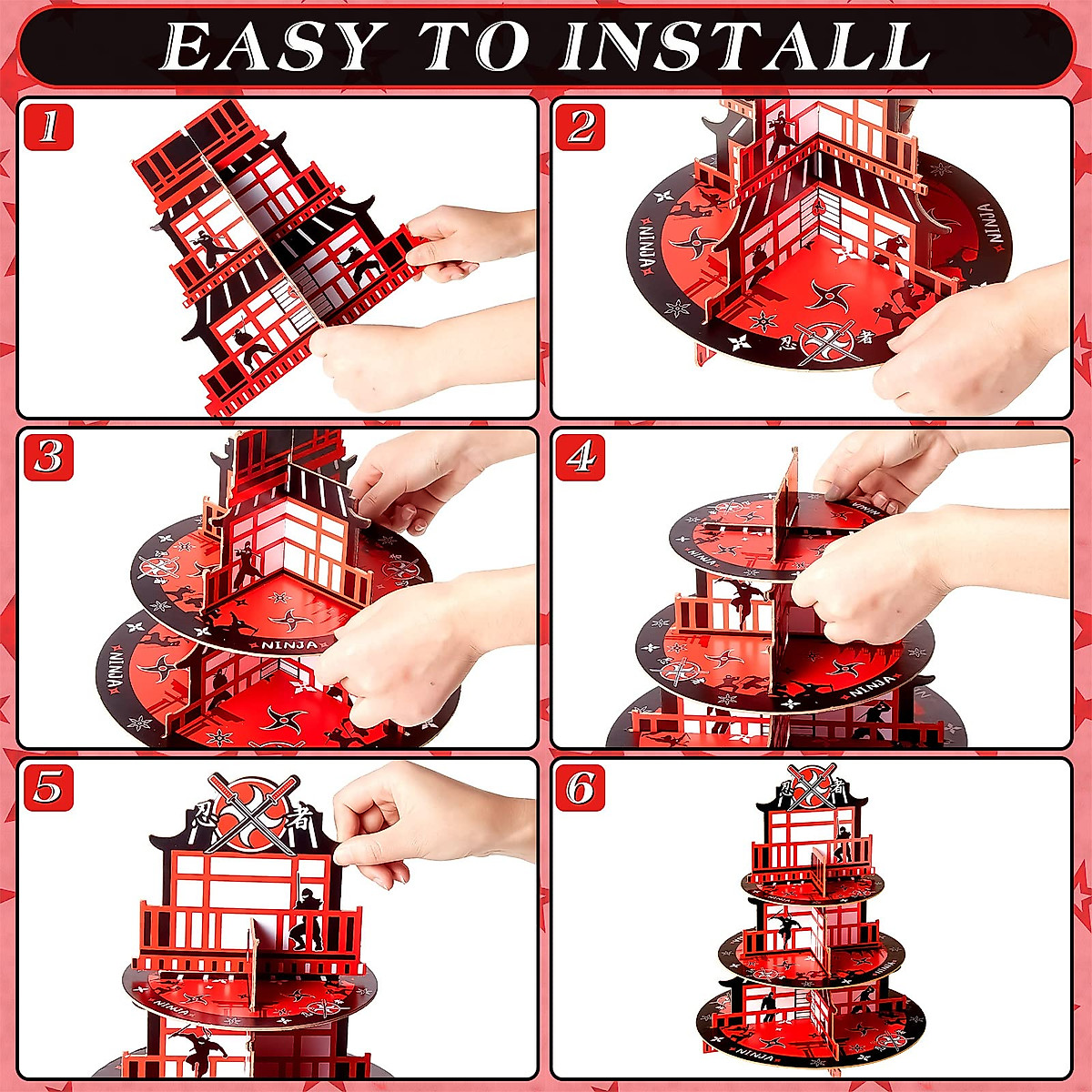 25 Pcs Ninja Party Decorations 3 Tier Ninja Cupcake Stand Ninja Birthday Party Supplies Ninja Cupcake Wrapper Ninja Cupcake Holder for Boys Birthday