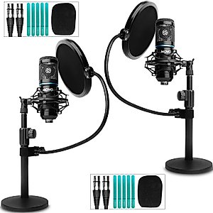 Movo PodPak2T 2-Pack Universal XLR Condenser Microphone Podcasting Equipment Bundle for 2 - Includes 2 Cardioid Mics, Desktop Stands, Shock Mounts, Pop Filters and Cables - Podcast and YouTube Kit