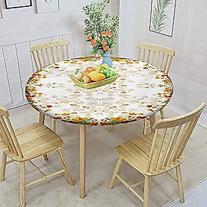 XISUNYA Thanksgiving Round Fitted Tablecloth with Elastic Edge, Fall Colors Ladybug Maple Leaf Woods Pine Nuts Berries Print XXLarge Polyester Table Cover, Fit Round Tables up 65"-71" Diameter