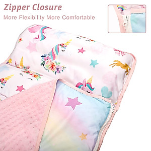 Toddler Nap Mat with Removable Pillow and Soft Dot Minky Blanket Pea Pod Kids Unicorn Napping Mats, Extra Large Rolled Slumber Bags for Girls Preschool, Daycare, Camping, 22 x 54inches Ages 3-7 Years