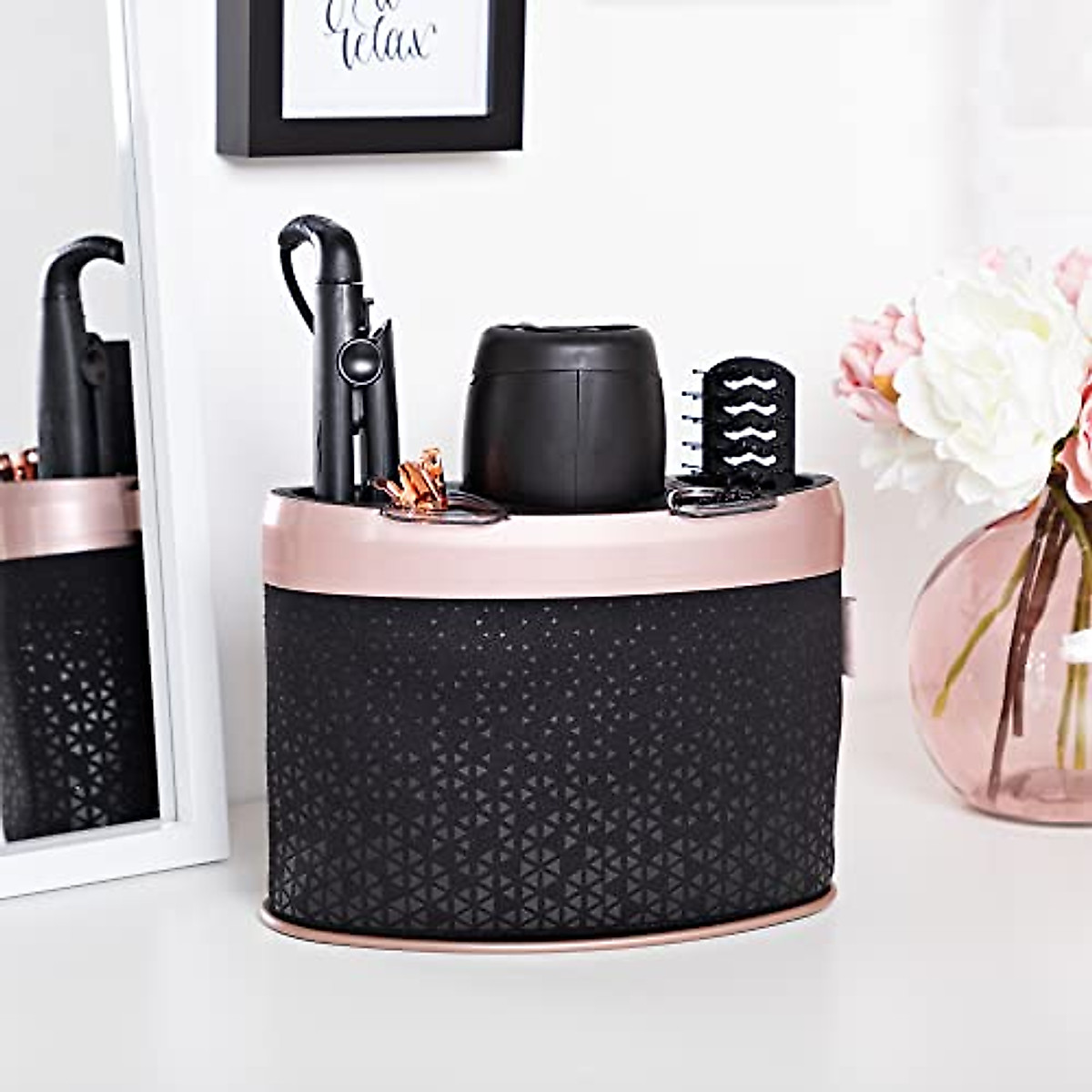Minky Homecare Neoprene Styling Dock, Curling Iron and Hair Dryer Holder - Hair Tool Organizer Storage for Bathroom Countertop, Dresser - Rose Gold/Black