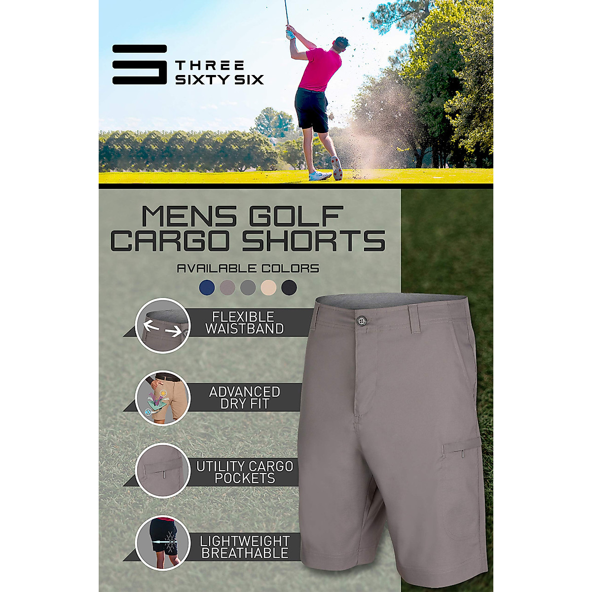 Cargo Golf Shorts for Men - Dry Fit, Large Pockets, Lightweight, Moisture Wicking, 4-Way Stretch