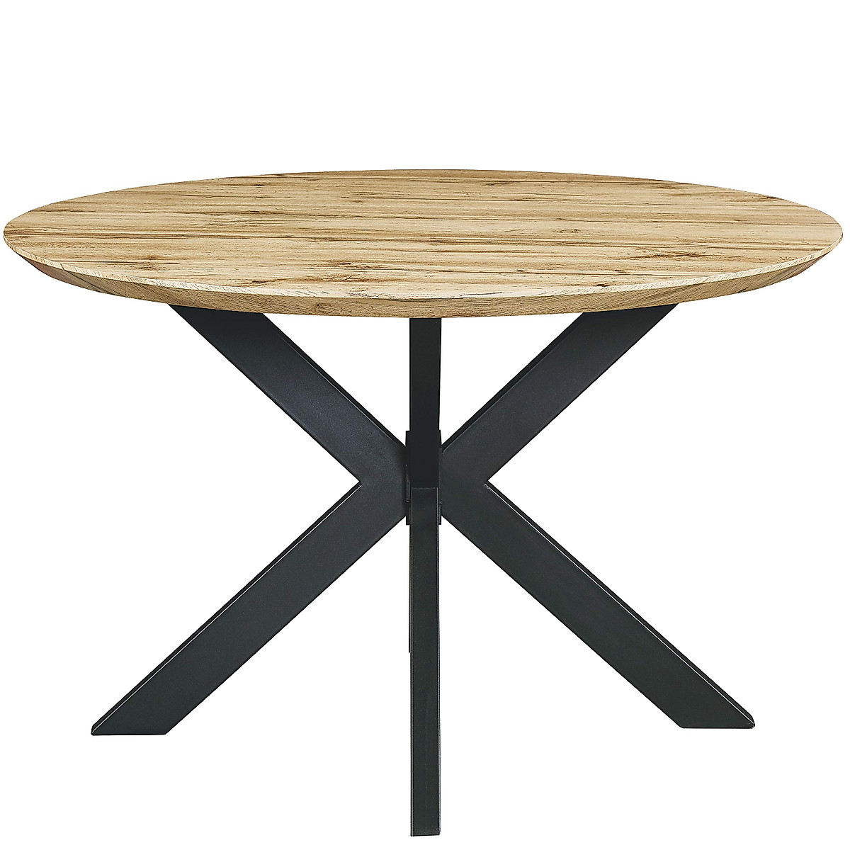 LeisureMod Ravenna 47" Round Wood Dining Table with Geometric Metal Base (Natural Wood)