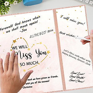 DARUNAXY Rose Gold Farewell Party Decorations for Women, We Will Miss You Very Much Alternative Signature Guest Book Going Away Gifts Signing Card Board for Retirement Graduation Party Supplies