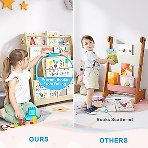 Homsailei Double-Sided Kids Bookshelf, 4 Tier Montessori Bookshelf with Wheels, Kids Storage Book Display Rack and Toy Organizer Cabinet for Bedroom,Study Living Room,Nursery,Classroom