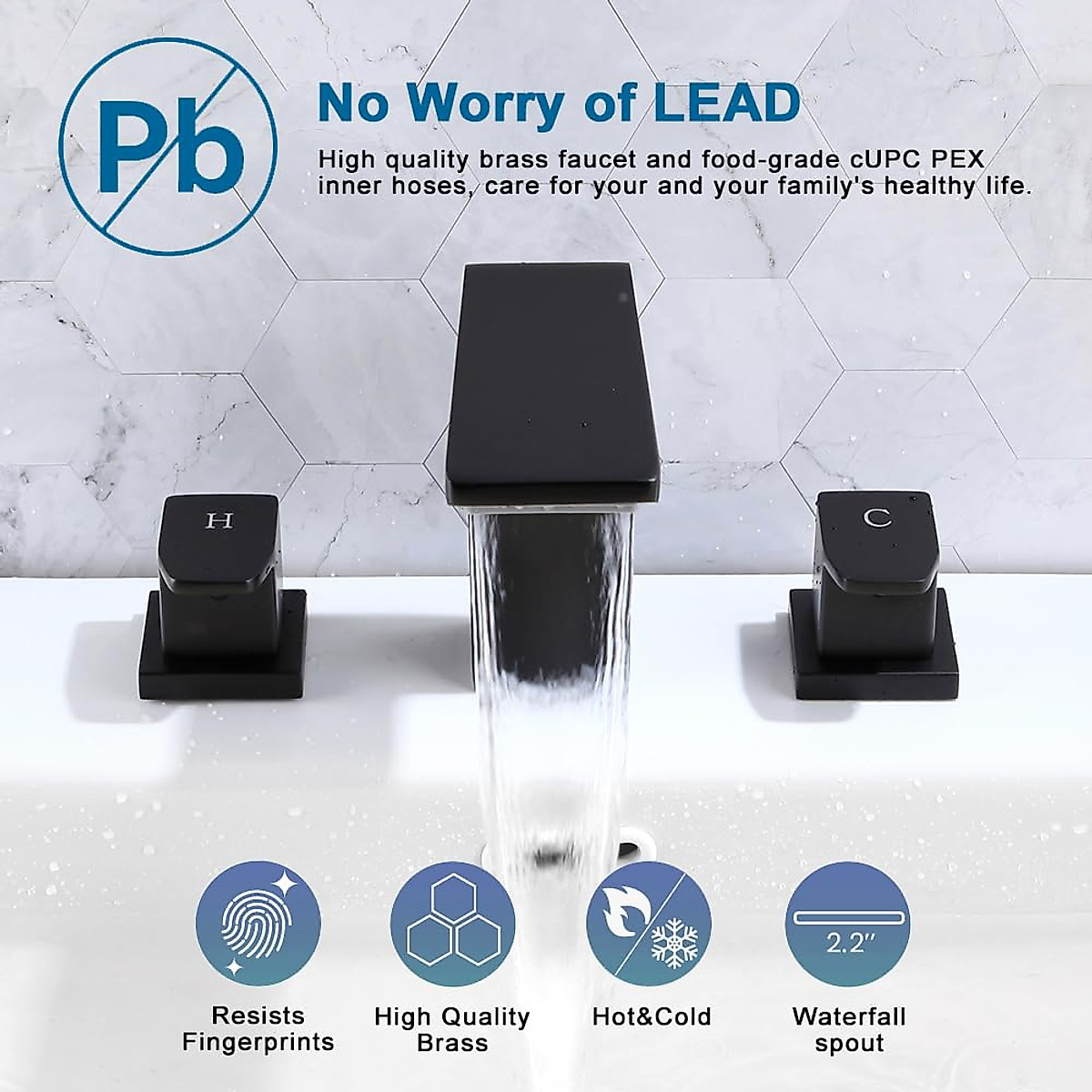 POP SANITARYWARE Matte Black 2-Handle Widespread Bathroom Sink Faucet for 3 Holes Solid Brass 8 Inches Waterfall Bathroom Vanity Faucet Basin Mixer Faucets