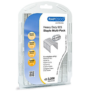 Rapesco 1246 Assorted Type 923 Heavy-Duty Staples, Leg Lengths 5/16" to 3/64", Pack of 3200