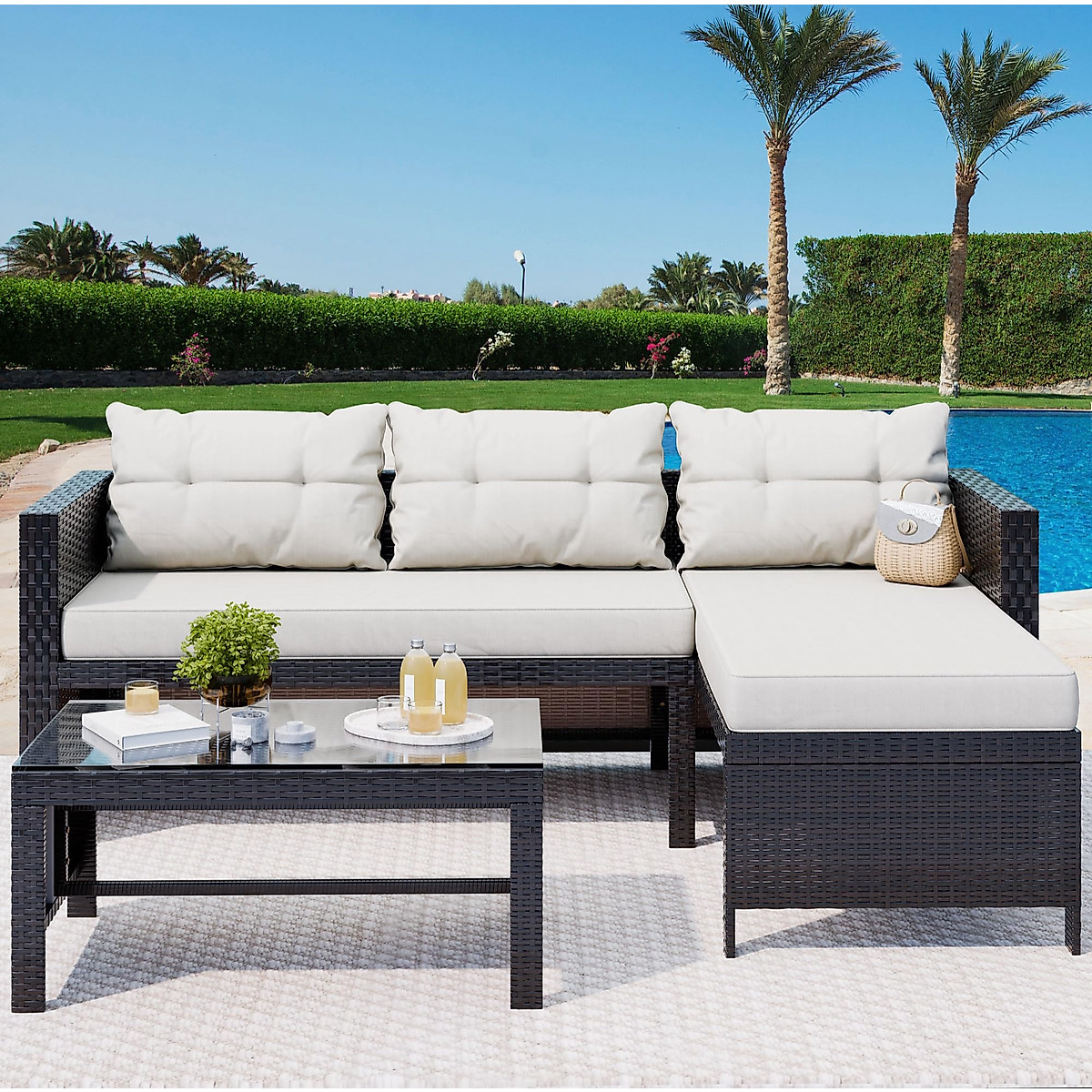 Vongrasig 3 Piece Patio Furniture Sets, All-Weather PE Wicker Outdoor Sofa Couch Sectional Set, Small Conversation Set for Garden/Patio w/Cushion, Glass Table, Beige