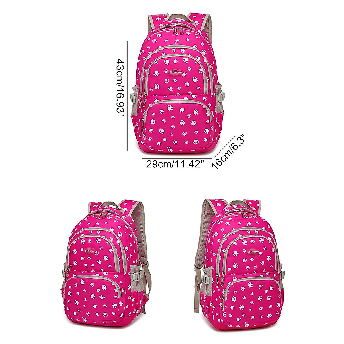JiaYou School Backpack Dog Paw Prints Daypack For Teens Girls Primary School Students(Rose 3PCS,20L)
