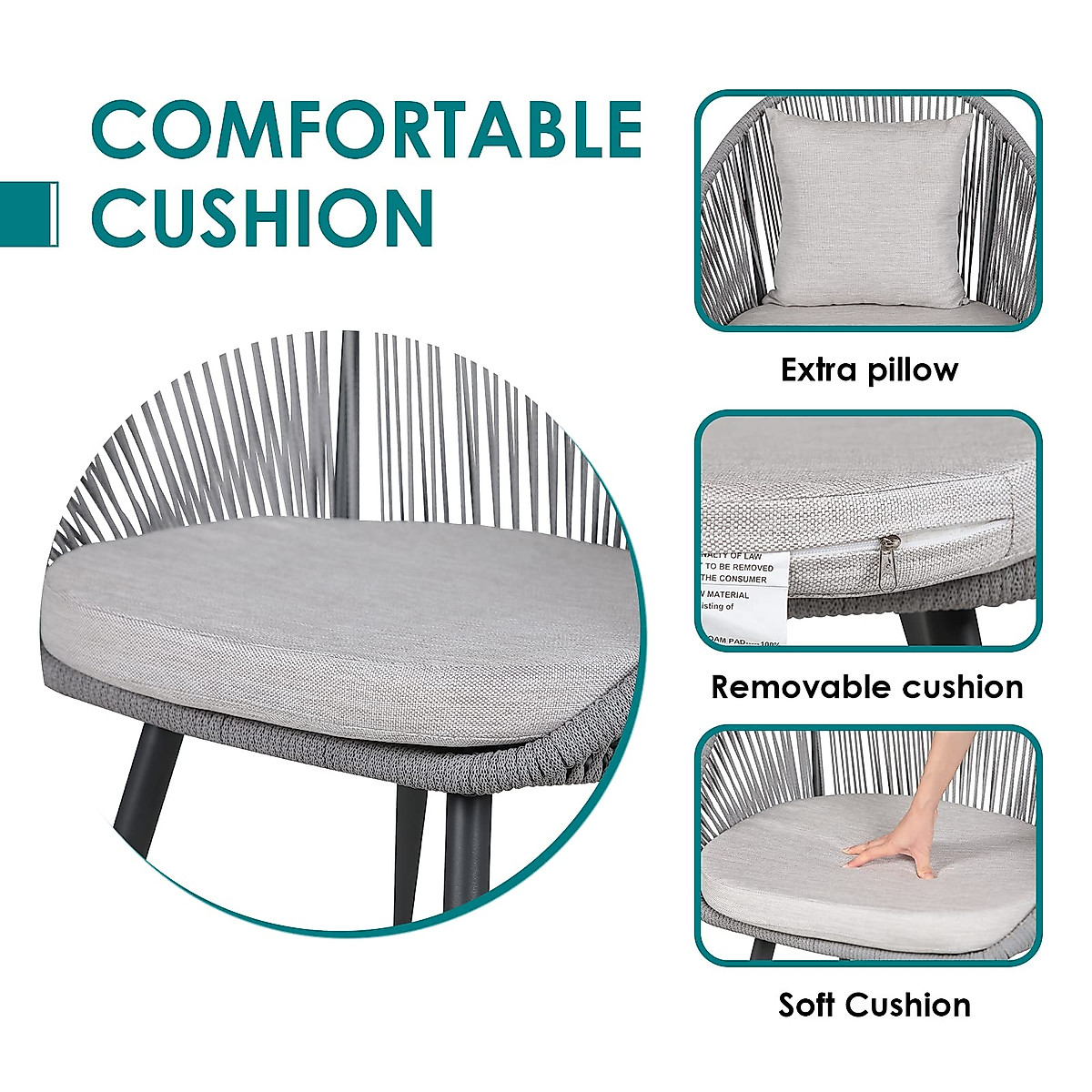 COBANA 3 Piece Patio Bistro Set, Outdoor Woven Rope Conversation Balcony Furniture Set with Glass Top Table and Cushioned Chairs for Garden, Backyard, Deck, Poolside, Gray