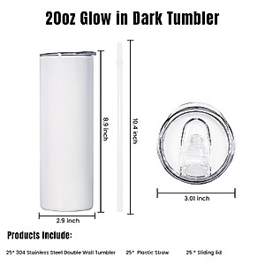 Icesip 25 Pack 20 Oz Glow In The Dark Sublimation Tumblers Stainless Steel Sublimation Tumbler Bulk Skinny Straight Bottom Tumbler with Lid and Straw, White To Green