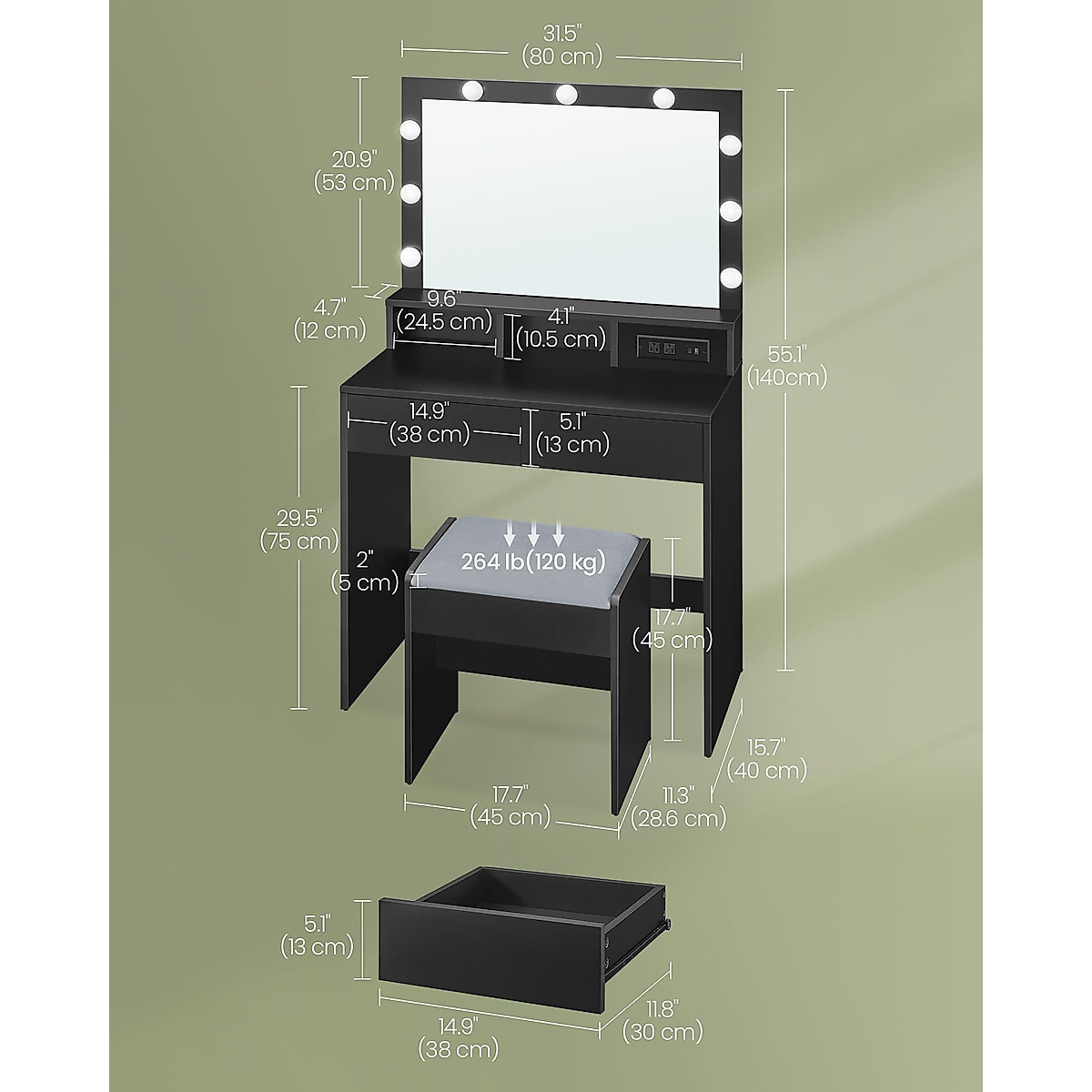 VASAGLE Vanity Desk with Power Outlets, Makeup Vanity with Mirror and Lights, with Upholstered Vanity Stool, 9 Dimmable LED Lights, 2 Compartments, 2 Drawers, for Bedroom, Ink Black URDT029B01