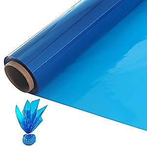 200 ft Blue Cellophane Wrap Roll (16 in x 200 ft x 2.5 Mil)-Colored Cellophane Wrap-Blue Transparent Cellophane for Basket Wrap, Flower, Easter Basket Wrap, Christmas Gift Wrap-Attached with 2 Rolls Ribbon.