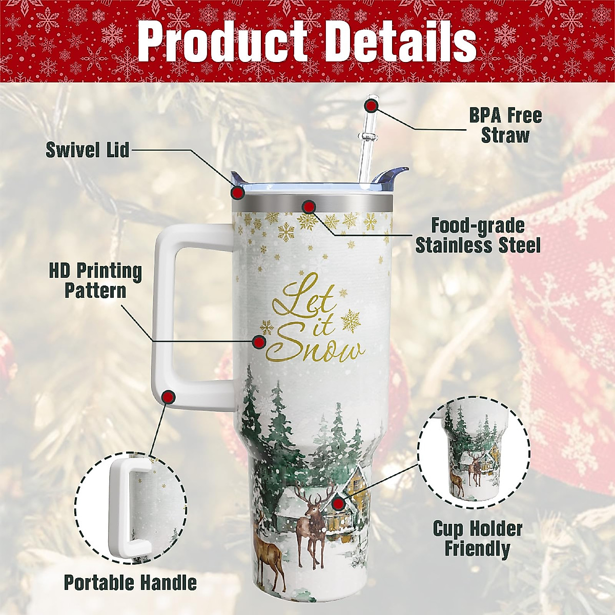 owbgsdh 40 oz Christmas Tumblers with Handle and Straw, Christmas Deer Tree 40oz Stainless Steel Vacuum Insulated Travel Coffee Mug Cup Water Bottle, Christmas Decor Stuff Accessories Gifts for Women