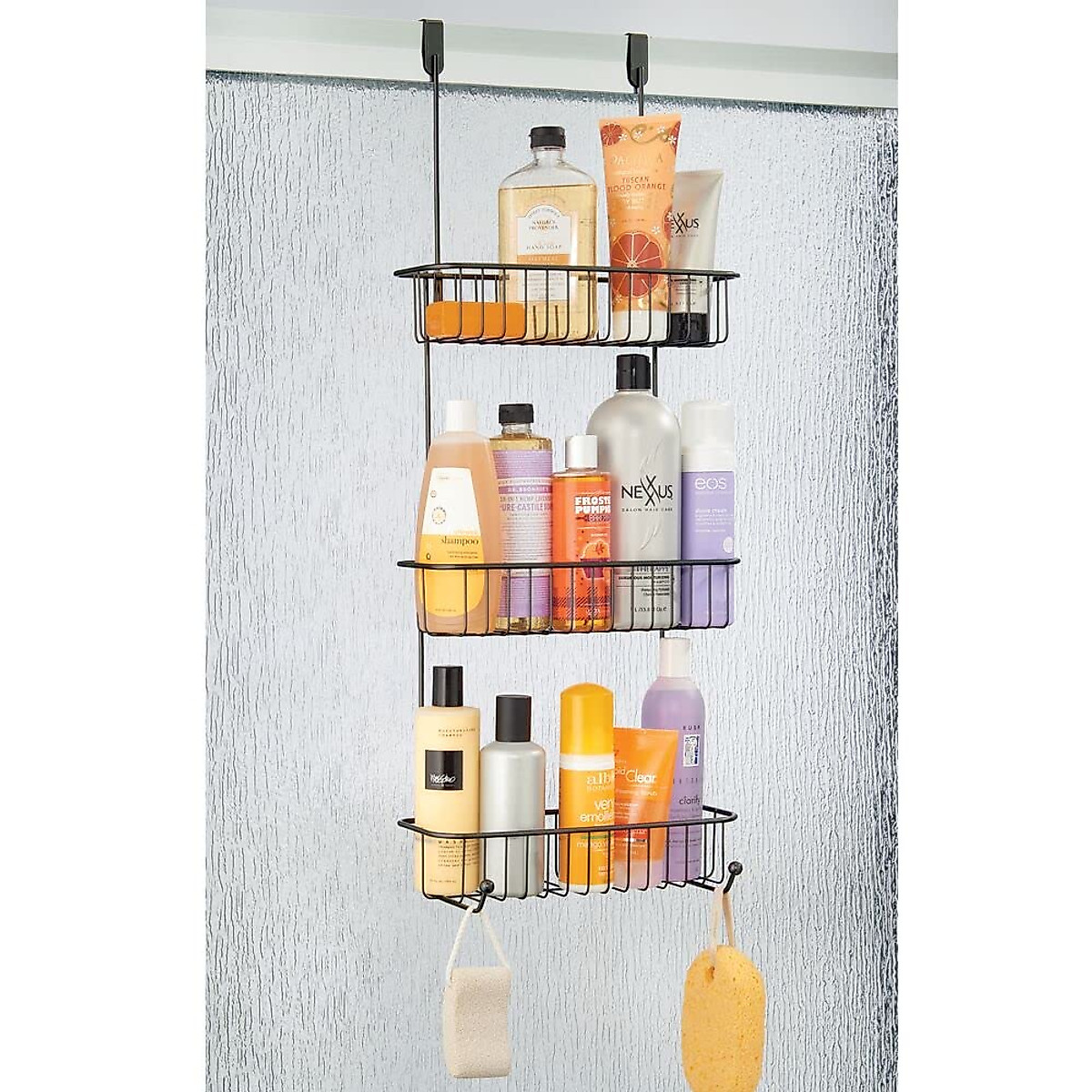 mDesign Extra Large Metal Over Shower Door Caddy, Hanging Bathroom Storage Organizer Center with Built-in Hooks and Baskets on 3 Levels for Shampoo, Body Wash, Loofahs - Black