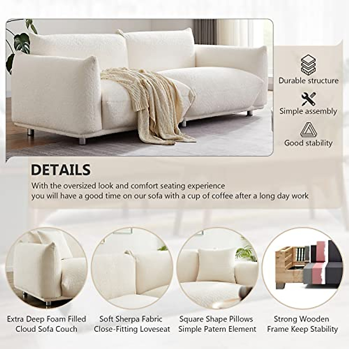 JSCHZ Comfy Couch Loveseat Sofa, Sherpa Teddy Oversized Loveseat Sofa Overstuffed Cloud Couch Extra Deep-Seat-Filled Couch for Small Spaces, Living Room, Apartment, (White)