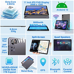 2024 Newest 11 inch Tablet Android 13 Tablets 16GB RAM 256GB ROM 1TB Expand, 2K 2000 x 1200 Display, Octa-Core, 13MP Triple Camera, 8600mAh, Quad Speakers, 5G/2.4G WiFi, GPS,Bluetooth,with Case -Grey