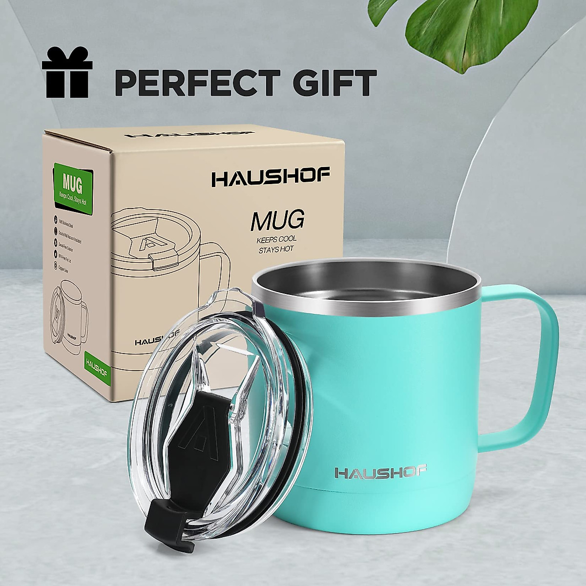 HAUSHOF 14 oz Coffee Mug, Insulated Coffee Mug with Handle, Travel Camping Cup, Portable Stainless Steel Coffee Cup, Insulated Coffee Cups with Lid, Lake Blue