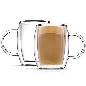 JoyJolt Double Wall Glass Coffee Mugs - 13.5oz Double Walled Glasses, Thermal Borosilicate Glass Insulated Coffee Mug. Clear Coffee Glass Cup, Cappuccino Mug, Iced Coffee Cup, Tea Mugs