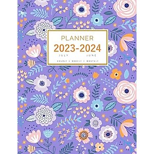 Planner July 2023-2024 June: 8.5 x 11 Large Notebook Organizer with Hourly Time Slots | Cute Pastel Floral Design Blue-Violet