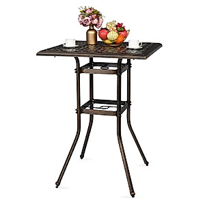 VINGLI Outdoor Bar Table, Sqaure Bar Height Patio Table with Umbrella Hole, Cast Aluminum Tall Outdoor Table Bistro Table Outdoor Furniture Garden Table