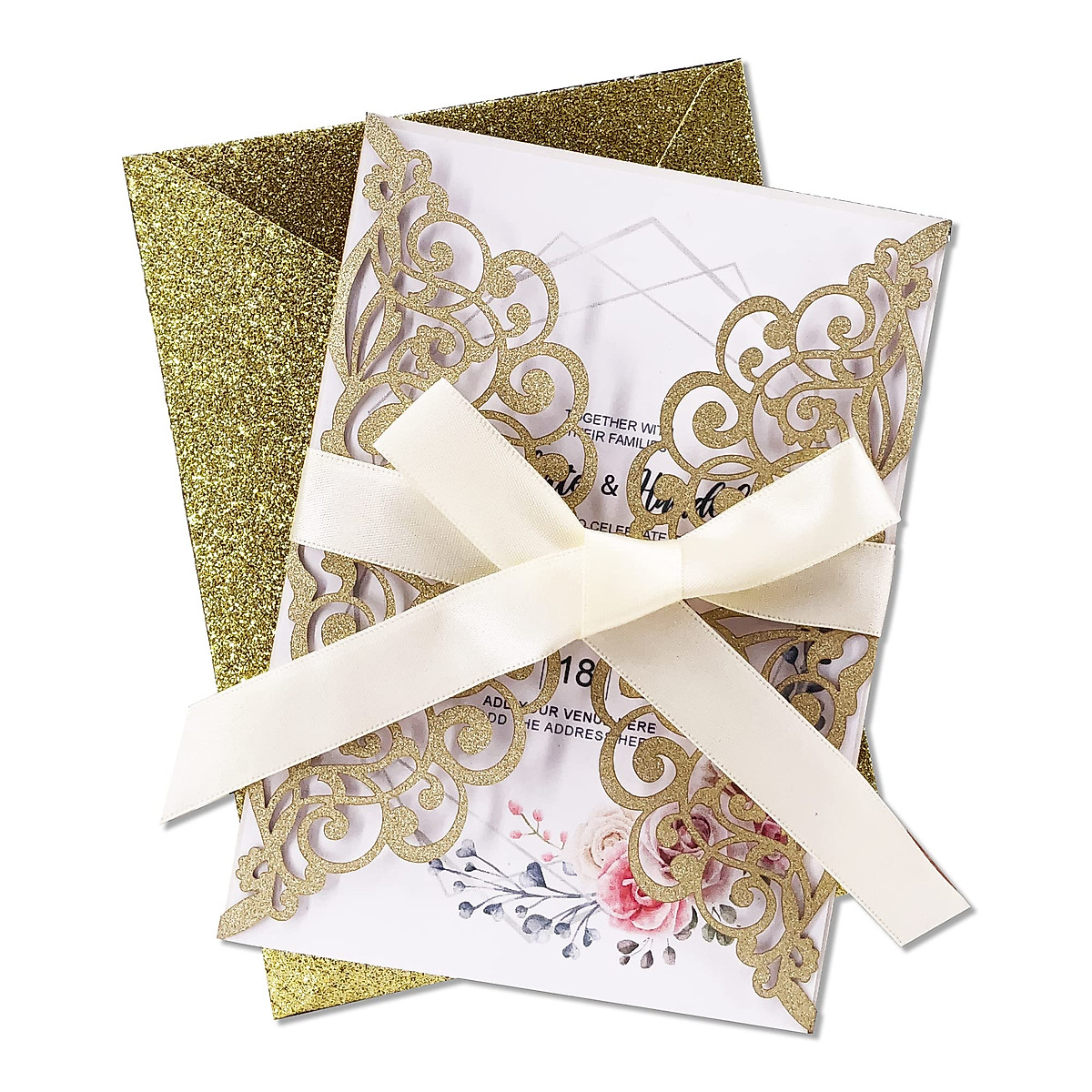 Fashmade 50Pcs Laser Cut Wedding Invitation With Glitter Envelopes And Ribbons Blank Personalized Card Invitaciones Para quinceañera Birthday Baby Shower Christmas Party Bridal Shower (Gold)