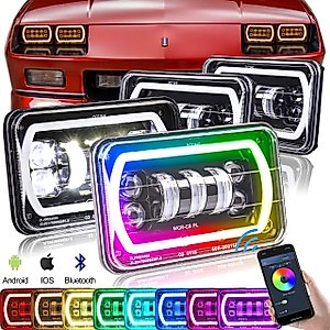 SEUYA 4x6 LED Headlights with RGB Halo Ring Music Mode Replacement H4651 H4652 H4656 H6545 Truck Chevrolet Kenworth Oldsmobile Ford Peterbilt