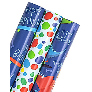 WRAPAHOLIC Birthday Wrapping Paper Roll - Mini Roll - 3 Rolls - 17 Inch X 120 Inch Per Roll - Cute Dinosaurs, Happy Birthday Lettering, Polka Dot for Kid's Birthday, Baby Shower