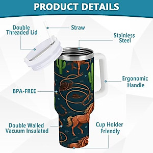 Jihqo Western Cowboy Hats Horses 40 oz Stainless Steel Vacuum Insulated Tumbler with Handle and Straw Lid, Leakproof Water Bottle Double Wall Travel Mug Coffee Cup, Cupholder Friendly