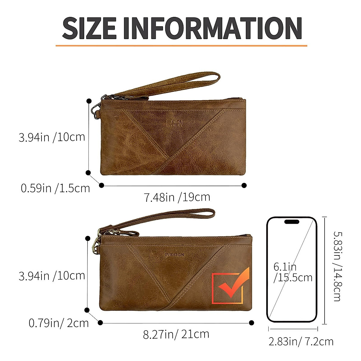 IVESIGN RFID Blocking Leather Wallet for Women, Genuine Leather Slim Wristlet Clutch with Phone Holder, Credit Card Organizer, Coin Purse & Removable Strap – Brown