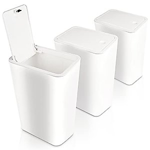 Odonata 3 Pack 10L / 2.6 Gallon Small Trash Can with Lid, Slim Garbage Can with Pop-Up Lid, Waste Basket for Bathroom, Kitchen, Bedroom, Powder Room, Craft Room, Office, College,RV.(Off White)