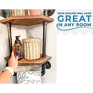 Bathroom Corner Shelf w/ Pipe Towel Bar – Farmhouse Towel Rack Made of Paulownia Wood and Cast Iron, Pipe Rack in Black Matte – Hand Towel Holder for Rustic Décor w/ 2-Tier Shelf - Rustic Brown