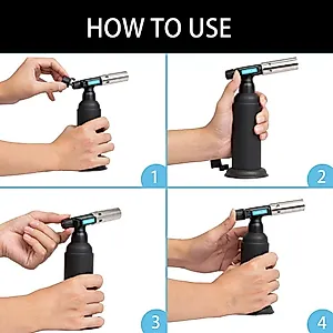 Butane Torch, JUN-L Big Blow Torch Refillable Cooking Torch Lighter, Adjustable Flame for Desserts, BBQ, Soldering with Safety Lock (Butane Gas Not Included) (Black)