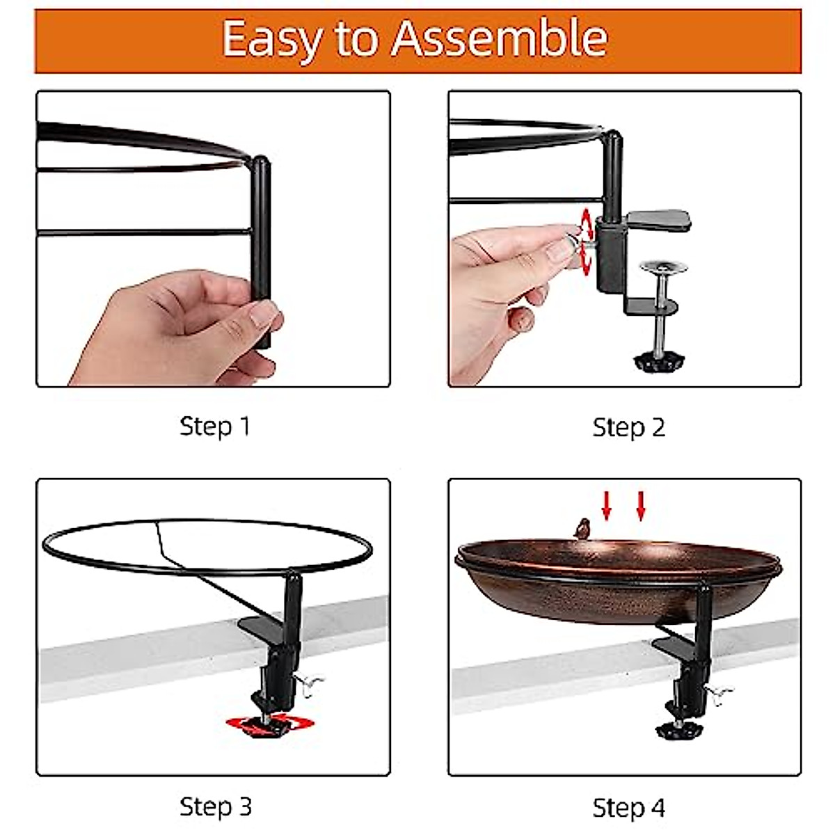 DREAMSOUL Deck Mounted Bird Bath Metal Birdbath Bowl Unheated with Lightweight Detachable, Bird Baths with Adjustable Sturdy Steel Clamp for Deck Railing Balcony Yard Outdoors Garden Decoration