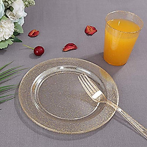 WELLIFE 24 Pack Plastic Gold Glitter Serving Tray with Disposable Utensils, 6 Rectangle Platter 15” x 10”, 6 Serving Spoons 10”, 6 Serving Forks 10”, 6 Serving Tongs 6.3”, Perfect for Buffet & Partie