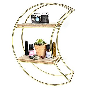 Crescent Moon Shelf for Crystals,Gold Shelf,Crystal Shelf for Wall Decor, Gold Floating Shelves, Moon Shelf Crystal Wall Decor, Moon Decor,Stones Essential Oil, Wooden Shaped Crystal Display Shelf.