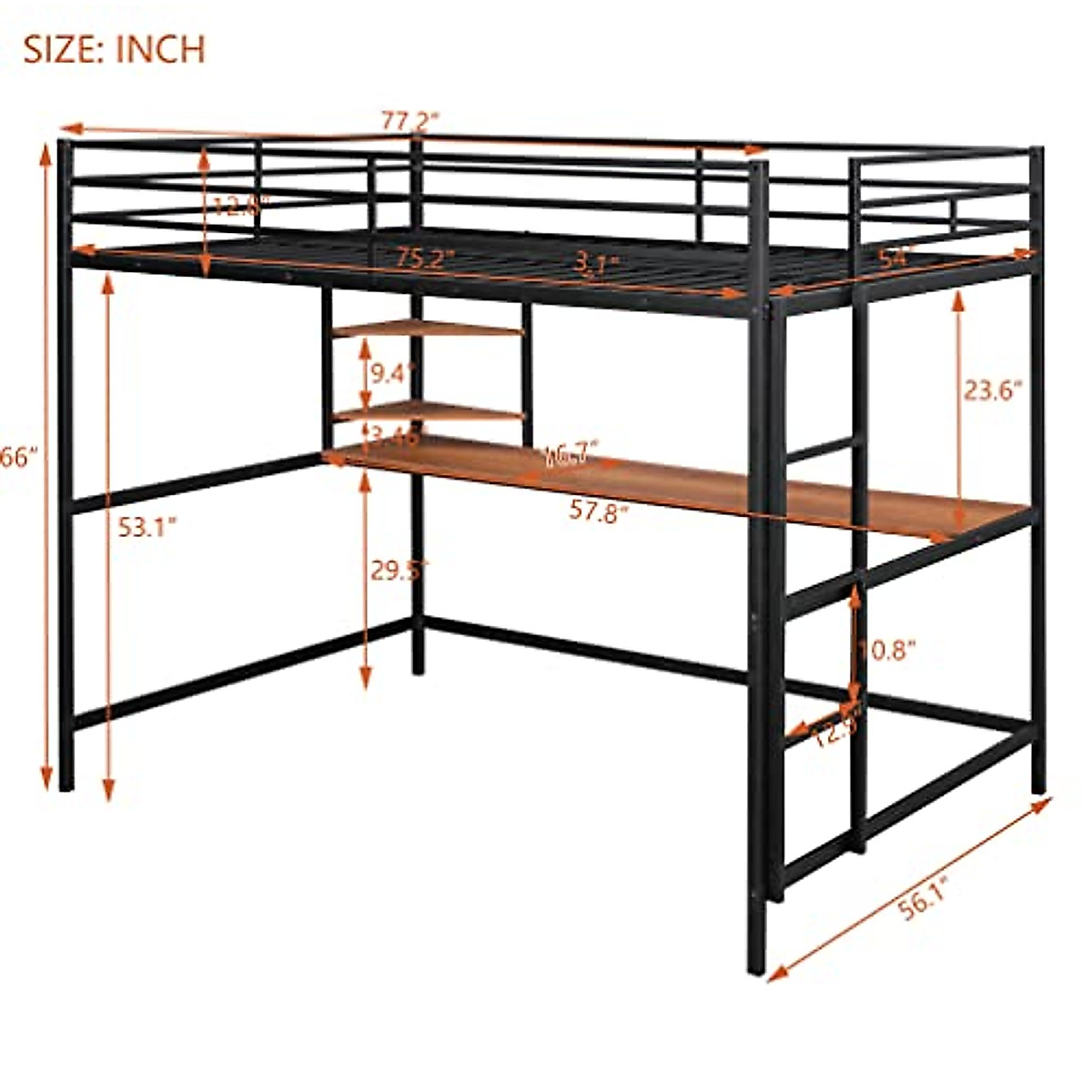 Voohek Metal Multifunctional Loft Bed Full-Size, Bedframe with Desk and Guardrail, Shelve and Ladder, for Kids, Adults, Bedroom, No Box Spring, Black