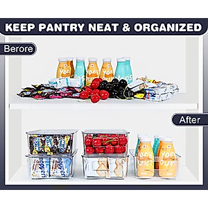 ESARORA Plastic Storage Bin with Lid and Divider, Clear Shallow Pantry Organizer with Handle for Fridge, Cabinet, Kitchen, Bedroom, Closet, Bathroom, Office, Pantry Organization, 6 Pack 10.28 inch