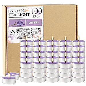 100 Pack Tea Lights Scented Candles Set, Lavender Mini Votive Candles Bulk, for Anniversaries Weddings Meditation, 4 Hour Burn Time（Purple）…
