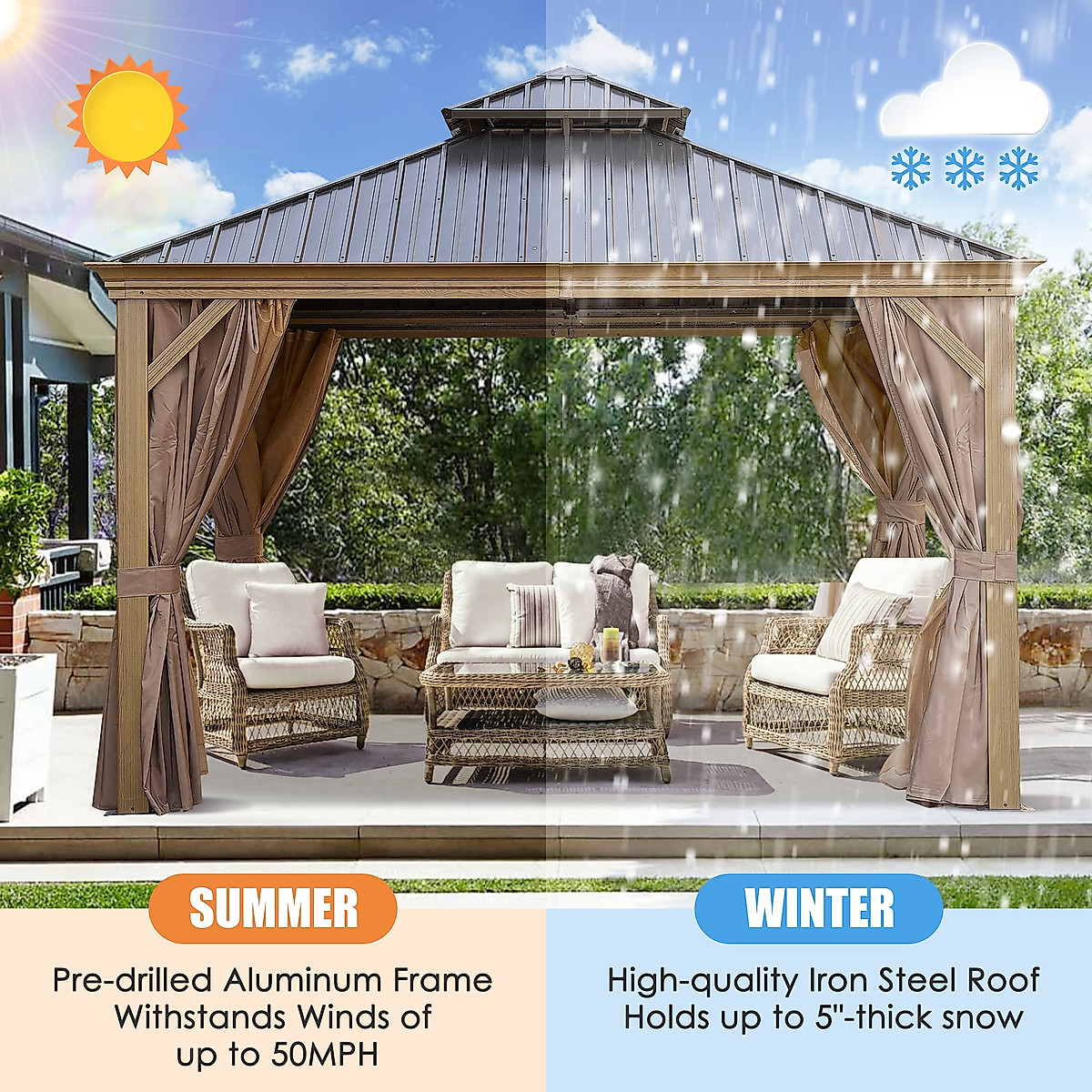 RITSU 12'*12' Gazebo, Permanent Hardtop Outdoor Gazebo, Aluminum Gazebo with Steel Canopy, Removable Mosquito Netting on All Sides, for Patio, Garden, Backyard, Bronze