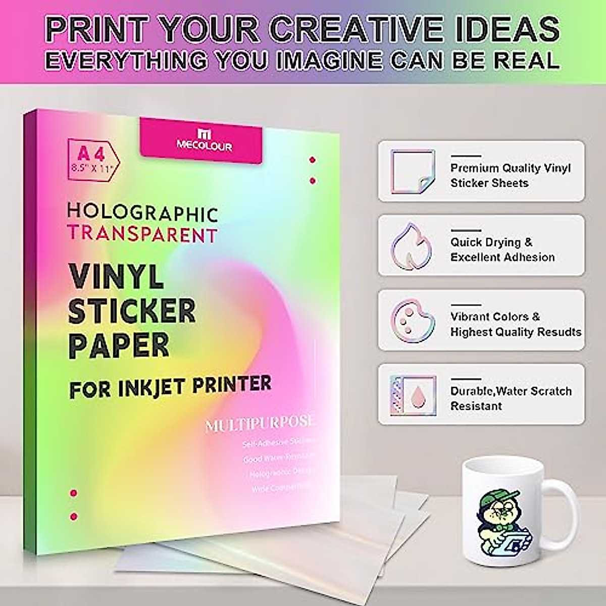 Printable Vinyl Sticker Paper DIY Decal Paper for Inkjet & Laser Printer Self-Adhesive Sheets Holographic Transparent 100 Sheets 8.5X11"