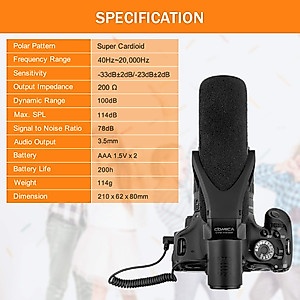 comica CVM-V30PRO Shotgun Microphone Professional Super Cardioid Video Recording Microphone with Wind Muff, Camera Microphone for Canon Nikon Sony DSLR Cameras,Camcorders,iPhone Smartphones
