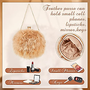 Women's Feather Clutch Purse Faux Fluffy Feather Round Clutch Shoulder Crossbody Bag Vintage Evening Bags with 2 Chains for Girls, Light Camel