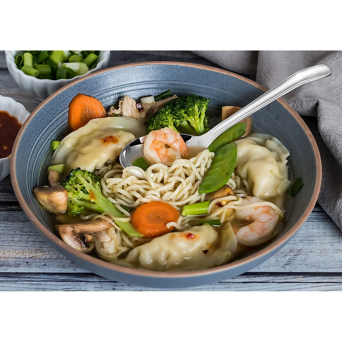 KEAWELL Premium 7.3 Inches Soup Spoons with Hook Handle, Set of 4, 18/10 Stainless Steel, Deep Bowl, Perfect for Ramen, Pho, Miso, Dumplings, Noodles, Wonton, Dishwasher Safe (Curved-Handle)